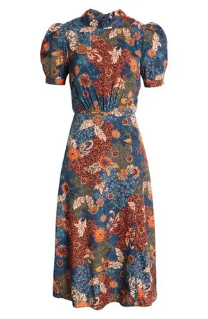 Julia Jordan Floral Puff Sleeve A-line Midi Dress