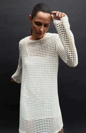 Mango Long Sleeve Openwork Crochet Minidress