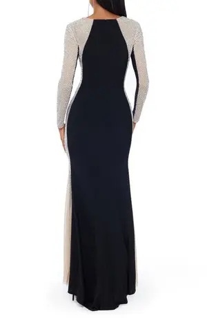 XSCAPE EVENINGS Crystal Contrast Long Sleeve Gown - Black Nude Silver