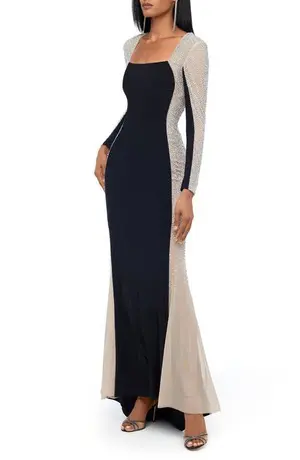 XSCAPE EVENINGS Crystal Contrast Long Sleeve Gown - Black Nude Silver