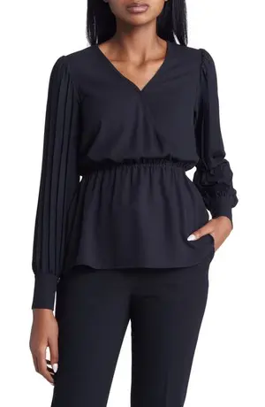Anne Klein Pleated Sleeve Peplum Blouse