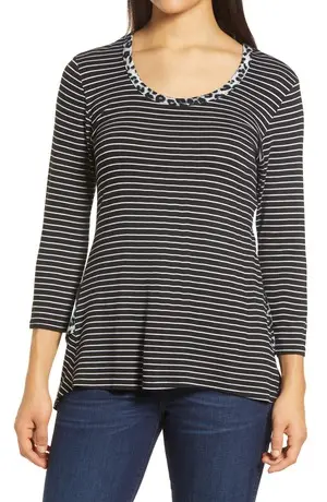 Loveappella Leopard Stripe Peplum Top - Black/ Gray