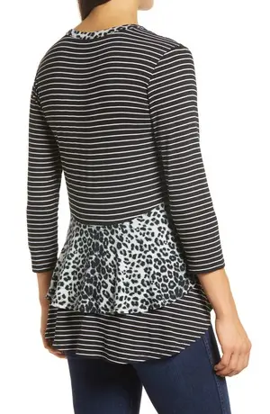 Loveappella Leopard Stripe Peplum Top - Black/ Gray