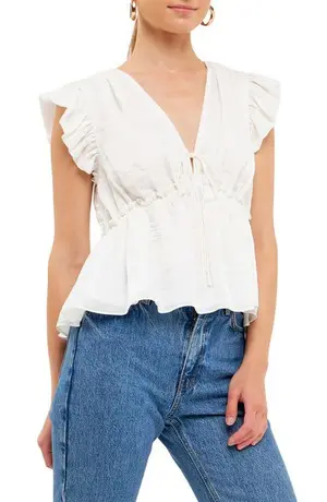 Endless Rose Flutter Sleeve Tie Neck Blouse