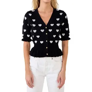 English Factory Puff Sleeve Heart Cardigan