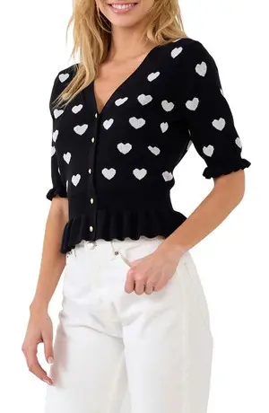 English Factory Puff Sleeve Heart Cardigan