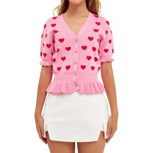 English Factory Puff Sleeve Heart Cardigan