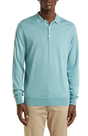 John Smedley Cotswold Wool Polo Sweater Sea Mist