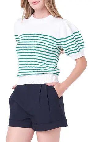 English Factory Stripe Puff Sleeve Sweater - White/green
