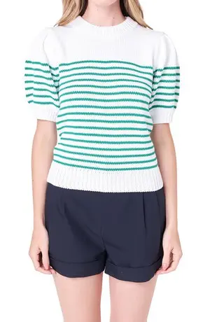 English Factory Stripe Puff Sleeve Sweater - White/green
