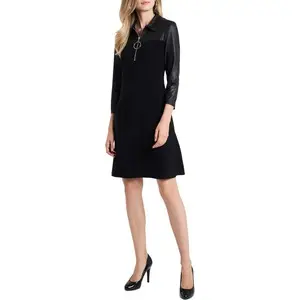 Chaus Faux Leather Mixed Media Shift Dress - Black