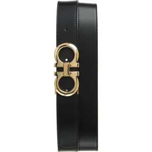 FERRAGAMO Reversible Double Gancio Leather Belt - Black/hickory
