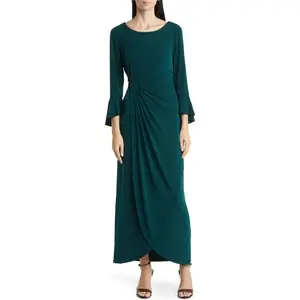 CONNECTED APPAREL Bell Sleeve Gathered Waist Gown - Hunter