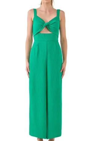 Endless Rose Endless Rose Plissé Cutout Wide Leg Jumpsuit Green