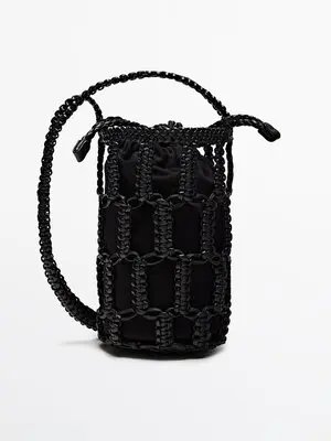 Massimo Dutti Nappa Leather Woven Bucket Bag - Black