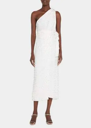 Azeeza Emma Crystal One-Shoulder Midi Wrap Dress - White Crystal