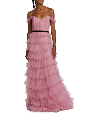 Marchesa Off-the-shoulder Tiered Tulle Gown