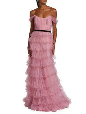 Marchesa Off-the-shoulder Tiered Tulle Gown