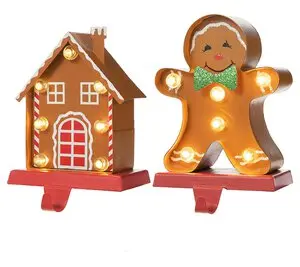 GLITZHOME Led Gingerbread House&man Xmas Stocki Ng Holder S/2 - One-color