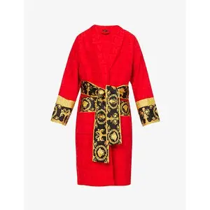 Versace Logo And Baroque-print Cotton-towelling Robe Red/black