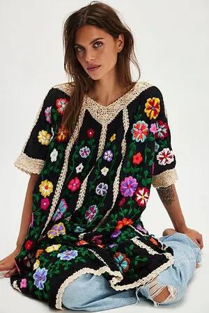 Free People Bella Flor Embroidered Kaftan - Black