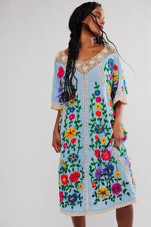 Free People Bella Flor Embroidered Kaftan Maya Blue