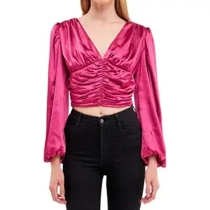 Endless Rose Ruched Satin V-neck Cropped Top - Berry