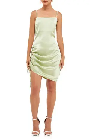Green Satin Ruched Mini Dress