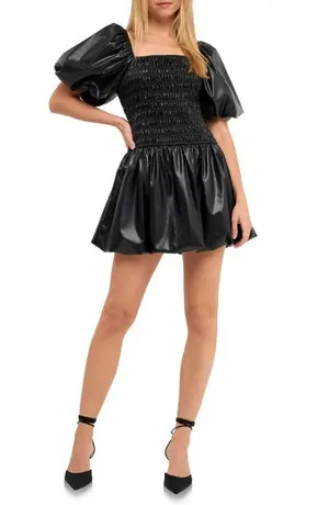 Endless Rose Smocked Faux Leather Babydoll Dress - Black