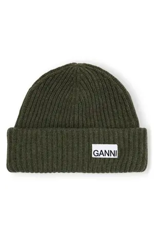 GANNI Ganni Structured Rib Wool-Blend Beanie Kalamata