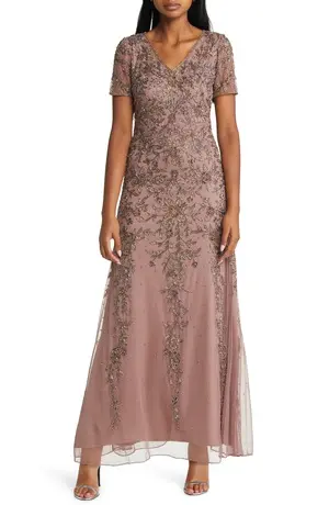 Pisarro Nights Pisarro Nights Beaded Chiffon Gown Mocha