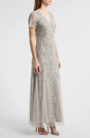 Pisarro Nights Beaded Chiffon Gown - Silver 040