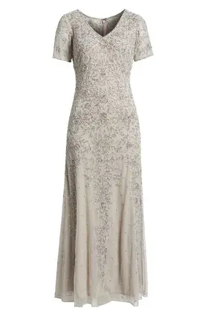 Pisarro Nights Beaded Chiffon Gown - Silver 040