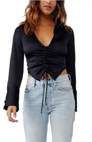 Free People Aurora Cinched Satin Blouse - Black