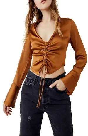 Free People Aurora Cinched Satin Blouse Tiger Eye