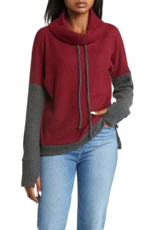 Loveappella Cowl Neck Waffle Knit Pullover Burg Char
