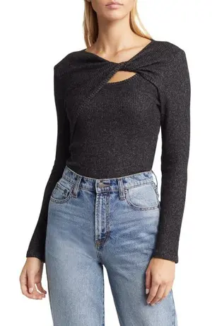 Loveappella Twist Neck Long Sleeve Top Black