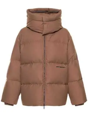 Off-White Logo Print Nylon Hooded Down Jacket - Camel