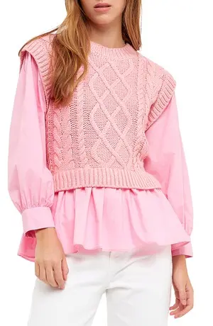 English Factory English Factory Mixed Media Cable Knit Sweater Pink