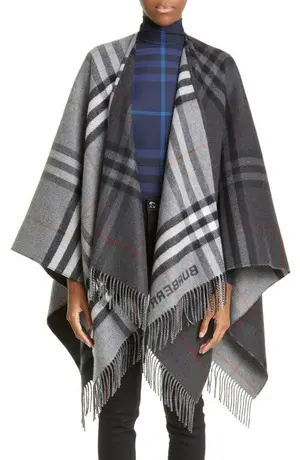 Burberry Split Check Fringe Trim Cashmere Cape - Grey/ Charcoal