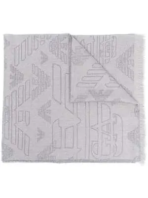 Emporio Armani Embroidered Frayed-edge Wool Scarf - Grey