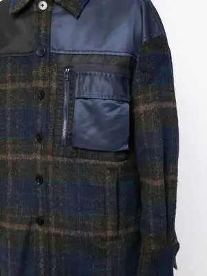 FENG CHEN WANG Panelled Plaid Button-up Jacket - Blue