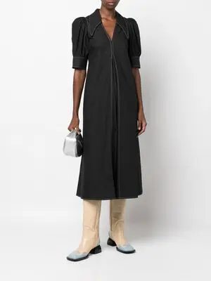 GANNI Puff-sleeved Box-pleat Dress - Black