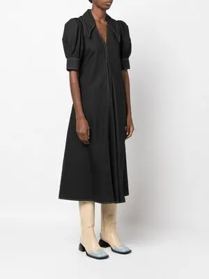 GANNI Puff-sleeved Box-pleat Dress - Black