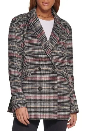 LEVI'S Double Breasted Wool Blend Plaid Blazer - Burgundy Mens Houndstooth