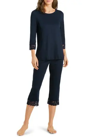 Hanro Moments Lace Trim Crop Pajamas Deep Navy