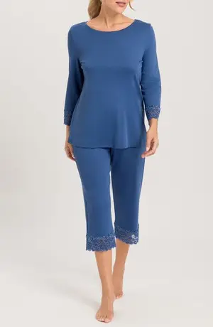 Hanro Moments Lace Trim Crop Pajamas True Navy