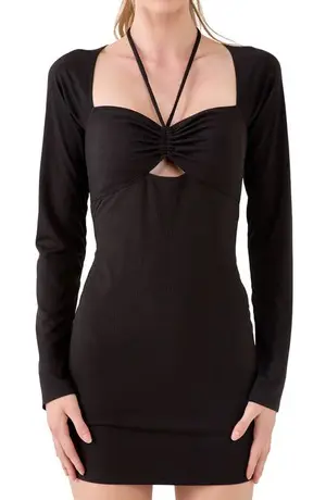 GREY LAB Halter Neck Long Sleeve Ribbed Mini Dress