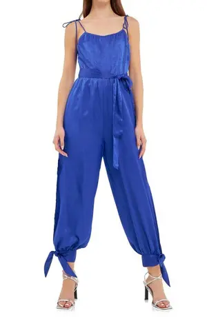 Endless Rose Tie Detail Slit Leg Satin Jumpsuit - Navy