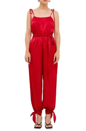 Endless Rose Tie Detail Slit Leg Satin Jumpsuit - Rose